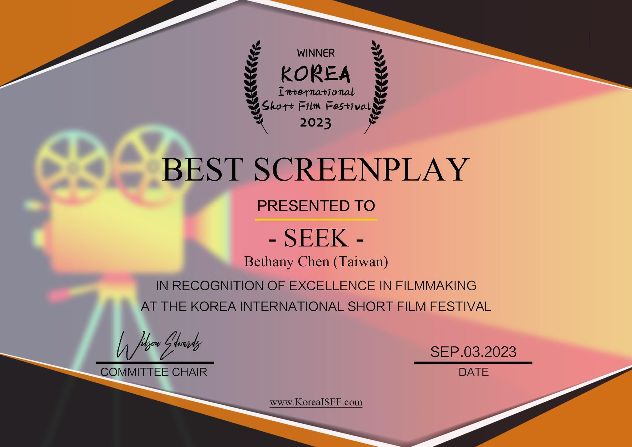 【賀】第26屆陳苡瑄等同學之作品《尋找seek》榮獲Korea International Short Film Festival （KISFF）韓國國際短片影展最佳原創劇本獎 | 輔仁大學 ...